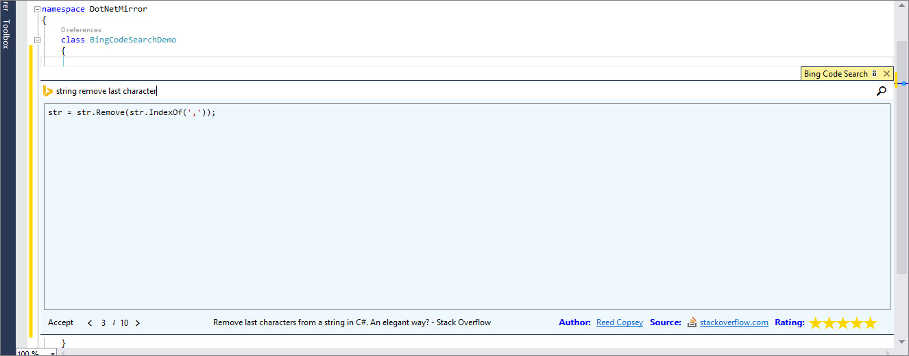 Bing Code Search for C#.NET extension for Visual Studio - DotNetMirror Bing Code Search for C#.NET extension for Visual Studio - DotNetMirror
